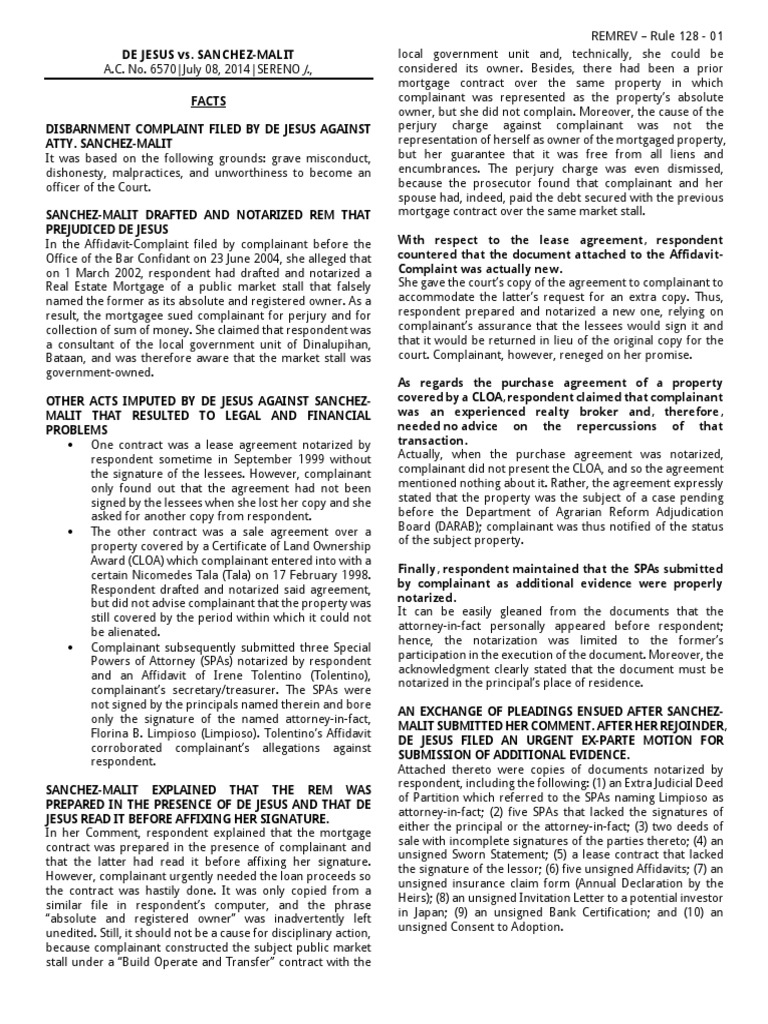 De Jesus v. Sanchez-Malit | PDF | Notary Public | Mortgage Law