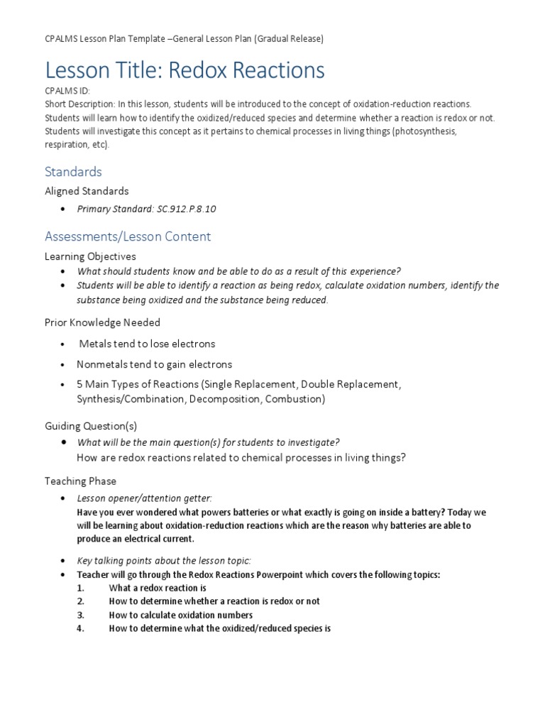Gradual Release Lesson Plan | Download Free PDF | Redox | Chemical ...