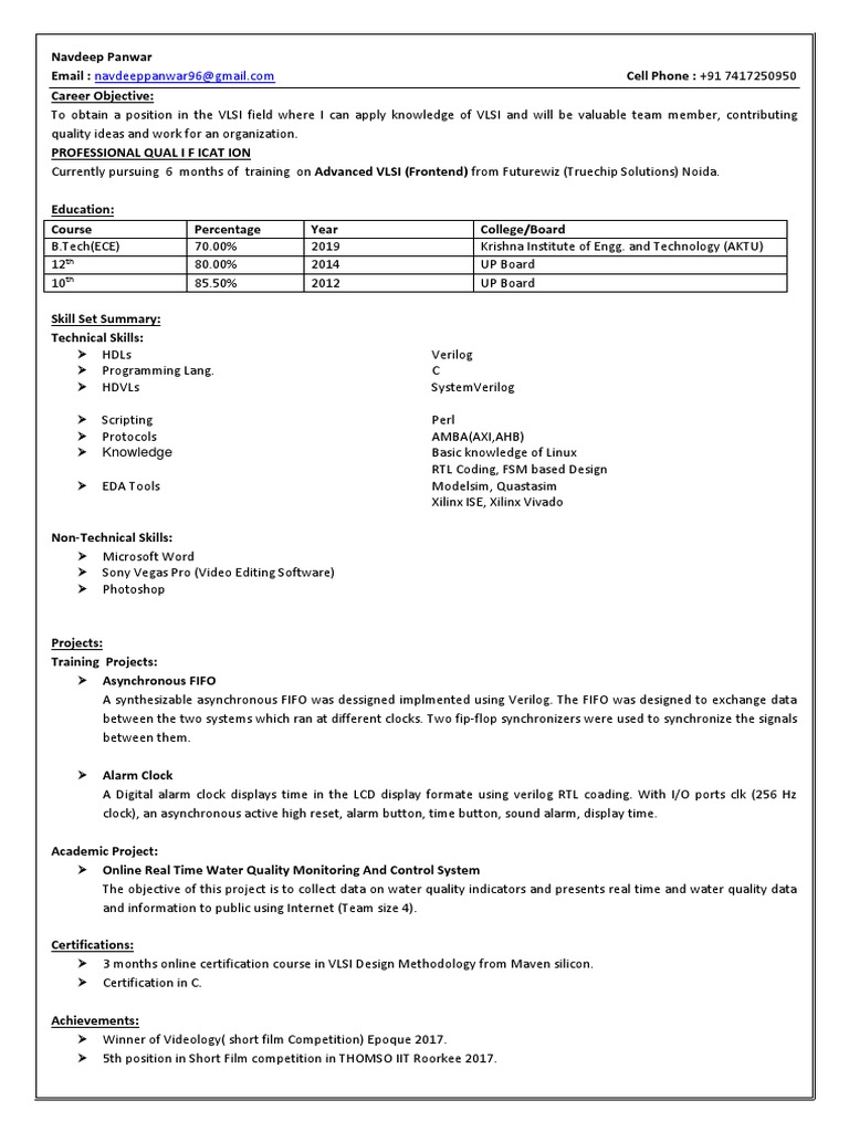 VLSI Resume Sample | PDF | Digital Electronics | Electronics