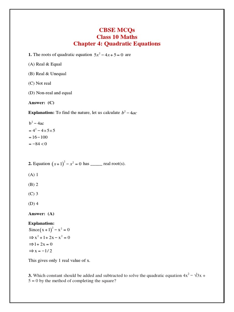 Cbse Class 10 Maths Chapter 4 Mcqs | PDF | Quadratic Equation | Numbers