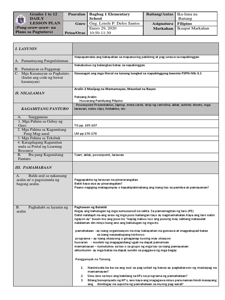 DLP Filipino 5 Q4 Week 2 COT 4 | PDF