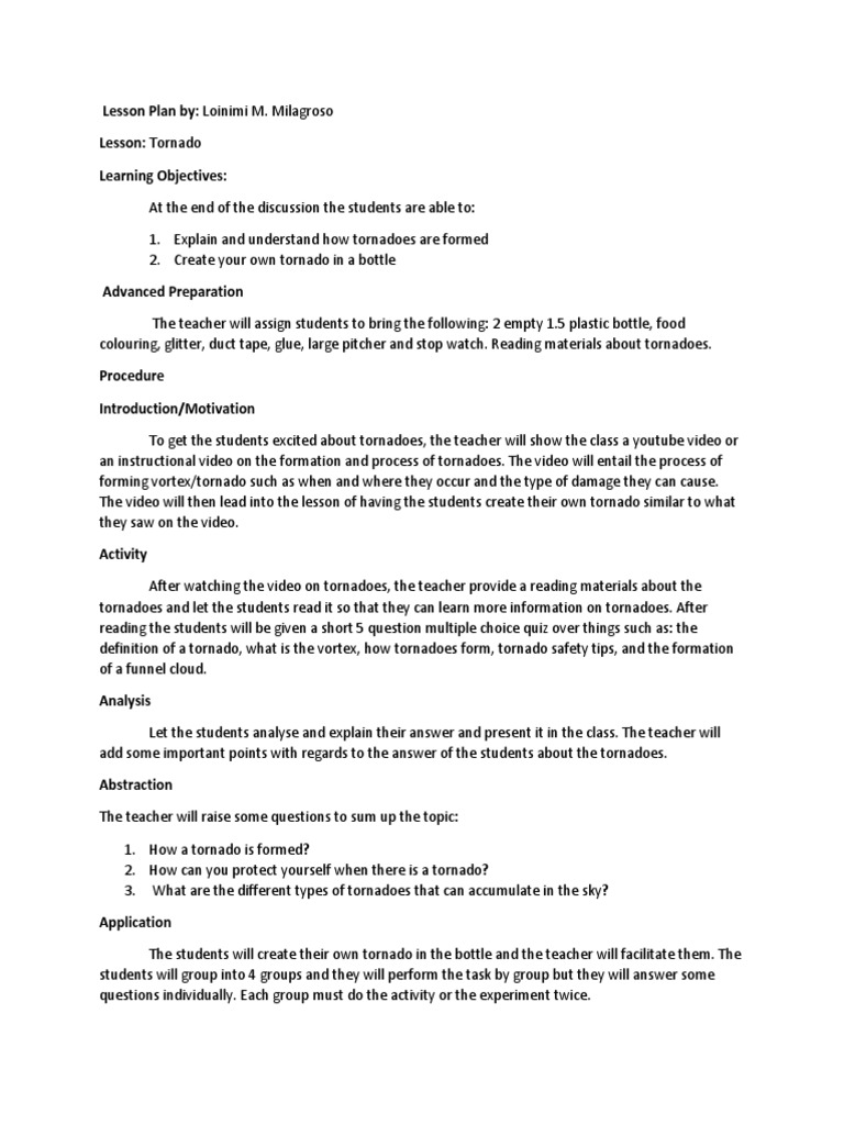 Lesson Plan For Laboratory Activity | PDF | Tornadoes | Lesson Plan