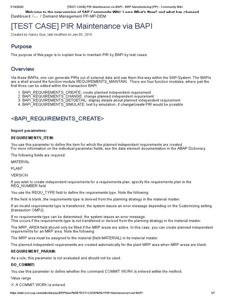Test Case Pir Maintenance Via Bapi Erp Manufacturing Pp Pdf Parameter Computer