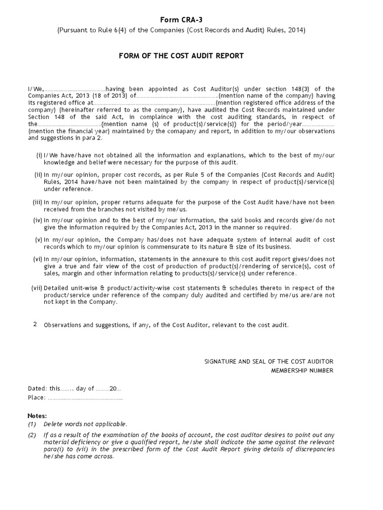 Cost Audit Report Form CRA-3 | PDF | Taxes | Auditor's Report