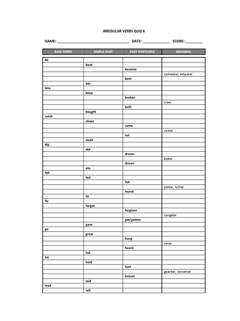 Irregular Verbs Quiz 6 | PDF | Grammar | Language Mechanics