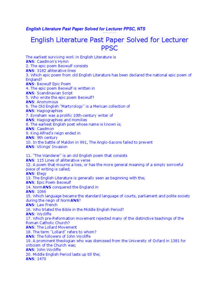 English Literature Past Paper Solved For Lecturer PPSC | PDF | English ...