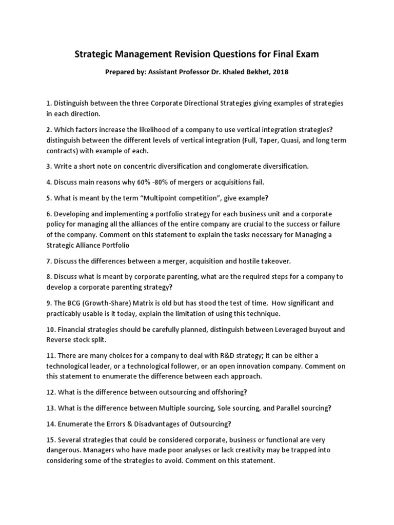 Strategic Management Final Exam Guide | PDF | Strategic Management ...