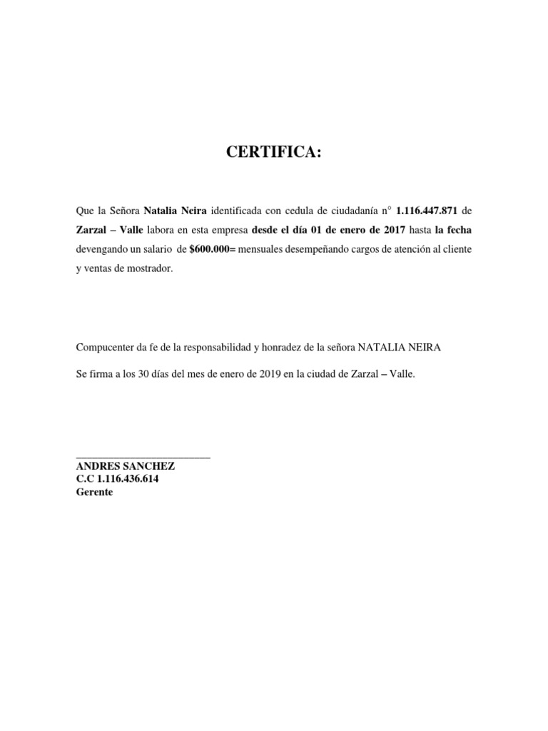Certificado Laboral de Natalia Neira | PDF