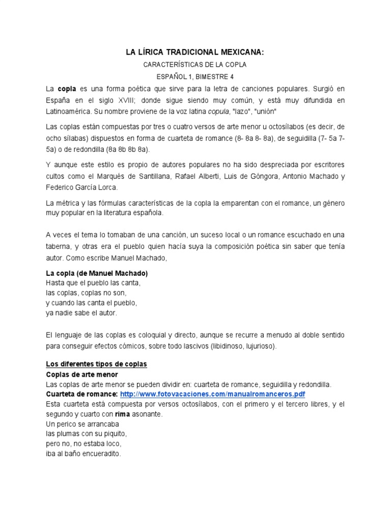 Características y Estructura de Las Coplas | PDF | Metro (poesía ...