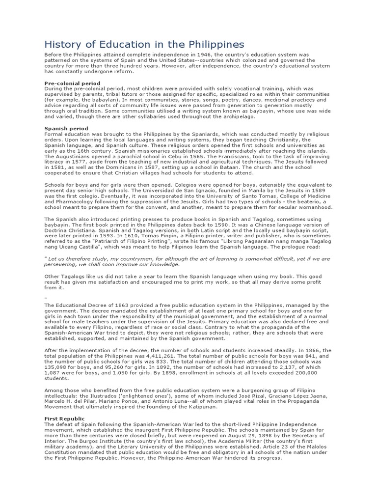 History of Education in The Philippines | PDF | Educational Stages ...