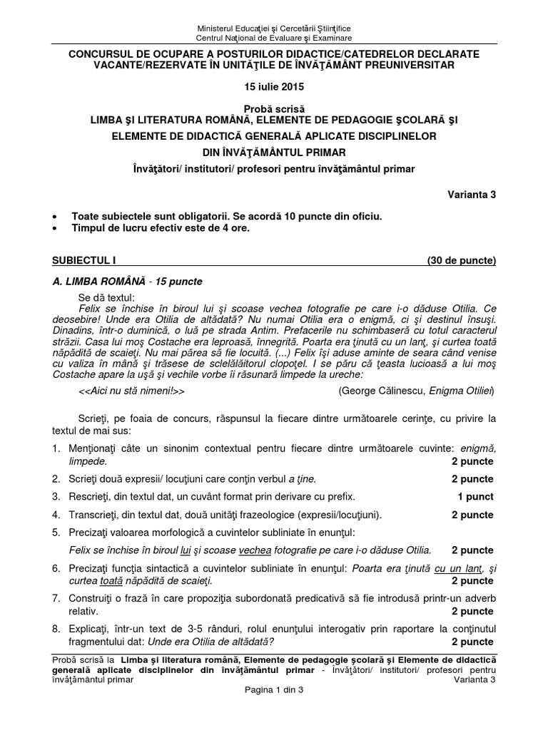 Subiect Titularizare Invatatori PDF | PDF