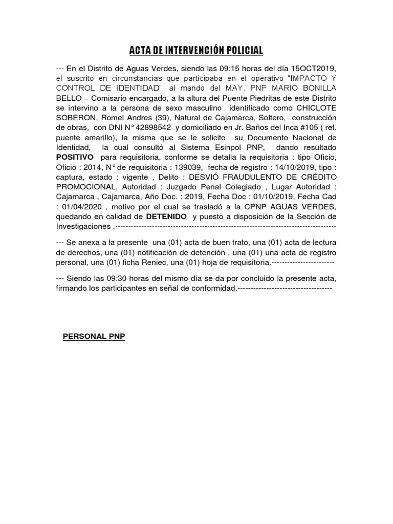 Acta de Intervención Policial RQ | PDF