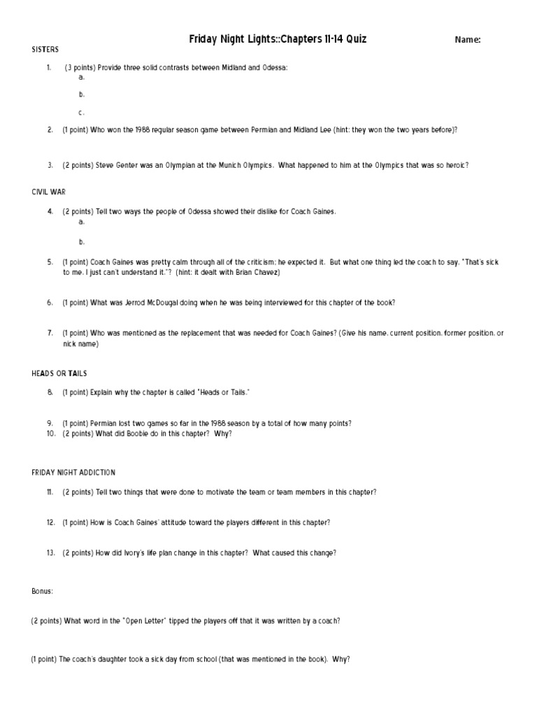 Friday Night Lights Chapters 11-14 Quiz | PDF
