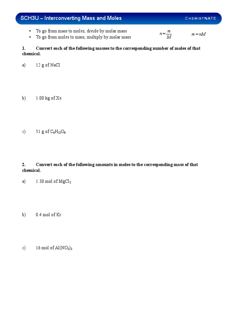 ChemistNATE - Interconverting Mass and Moles With Answers PDF | PDF ...