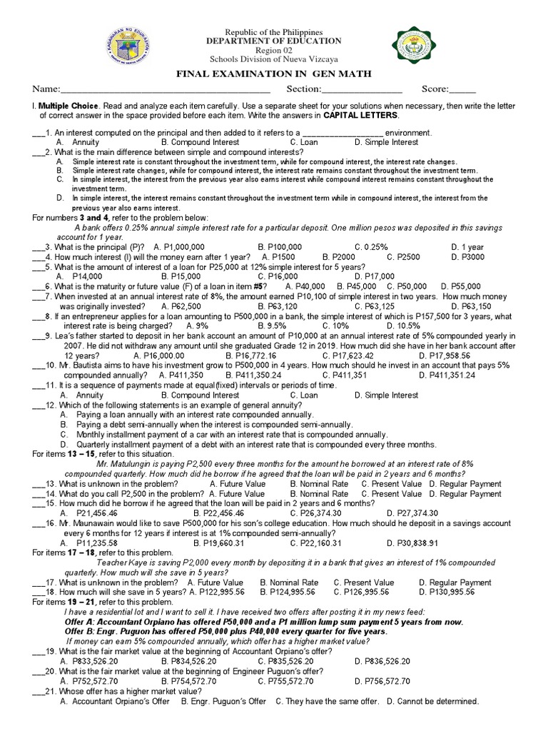 Final Exam General Mathematics Grade 11 SHS | PDF | Present Value ...