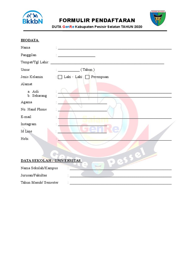 Formulir Pemilihan Duta Genre Pessel 2020 | PDF