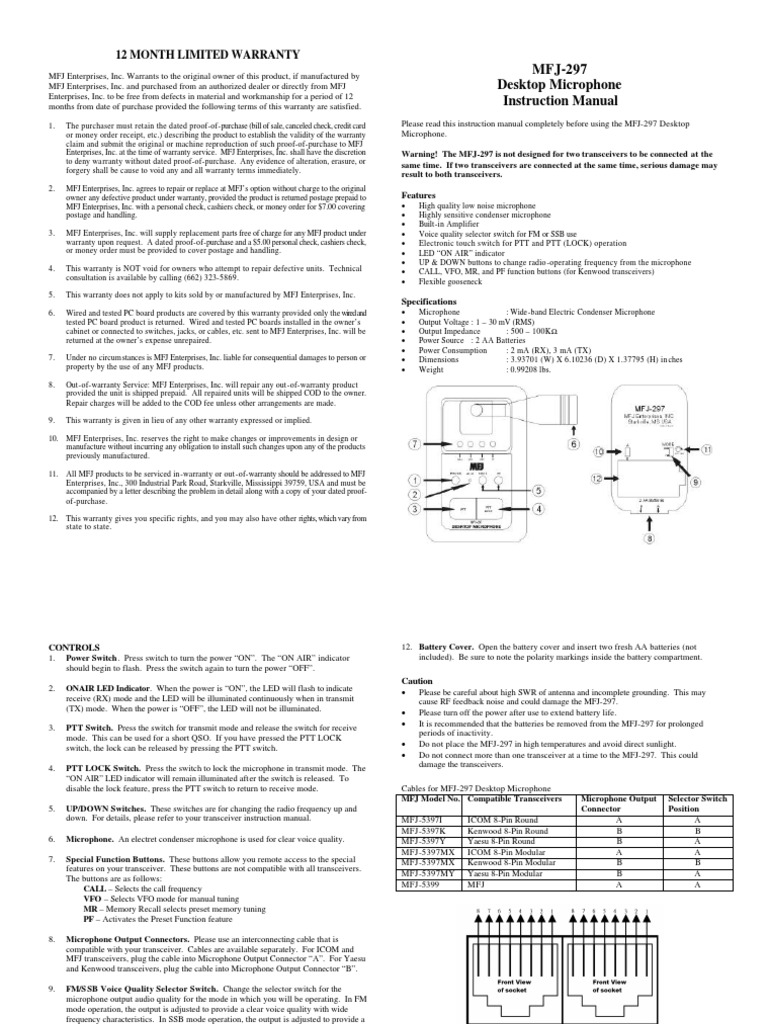 MFJ 297 | PDF | Microphone | Switch