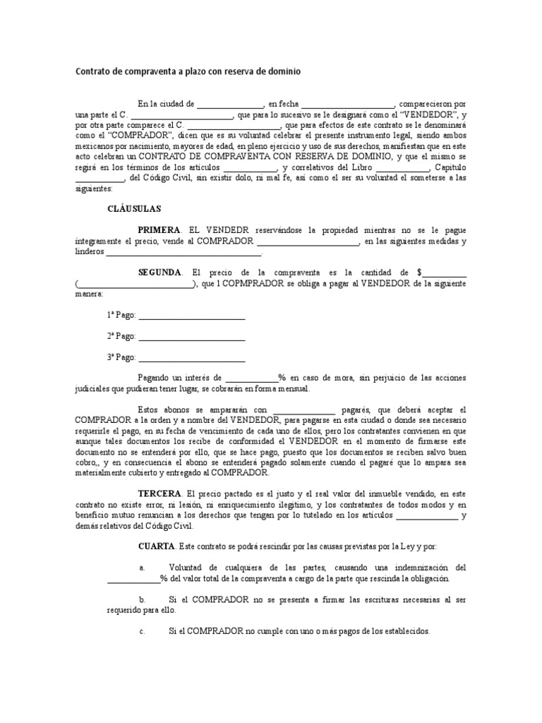 Contrato De Compraventa A Plazo Con Reserva De Dominio Pdf Virtud