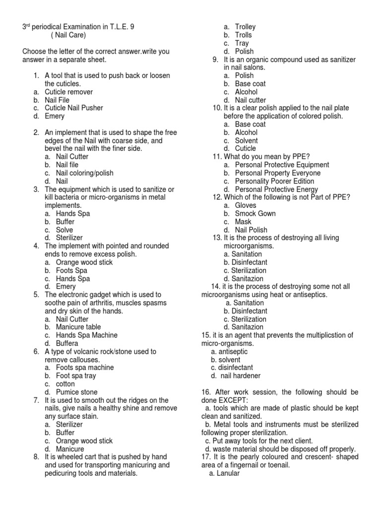 3rd Periodical Examination in TLE 9 Nail Care | PDF | Nail (Anatomy ...