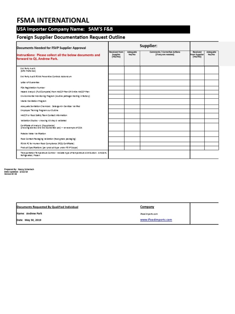Step 2 - FSVP Documentation Request Checklist (SAM'S F&B) - 1 | PDF ...