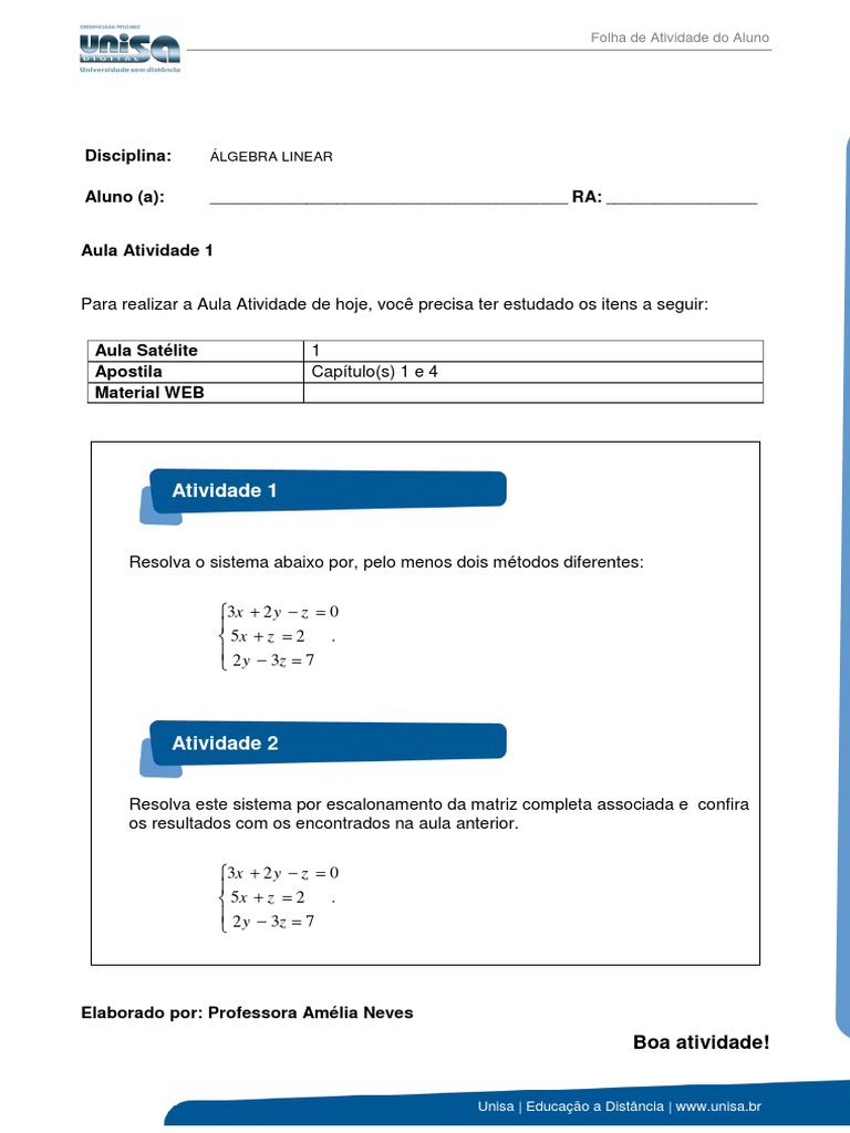 Caderno Atividade Algebra Linear | PDF | Álgebra | Ensino de Matemática
