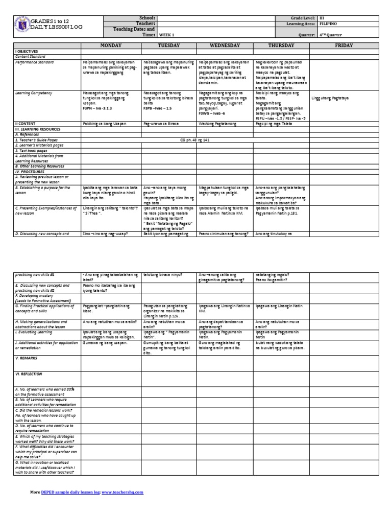 Grade 3 DLL Filipino 3 Q4 Week 1 | PDF