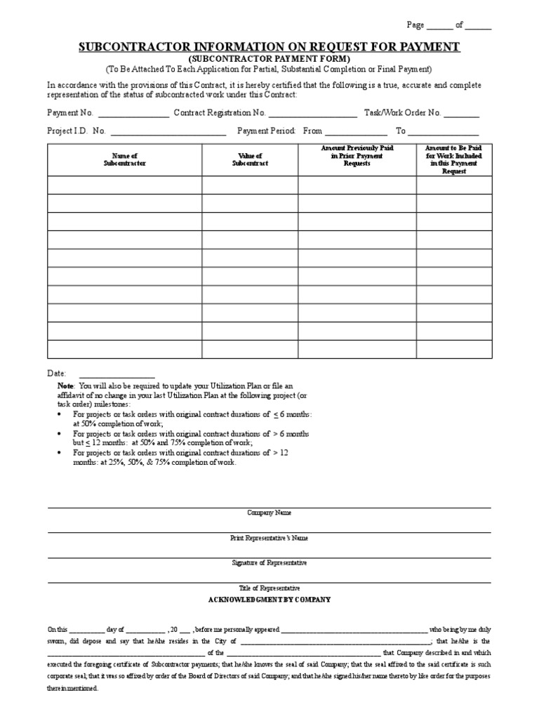 Subcontractor Payment Form | PDF | Private Law | Civil Law (Common Law)