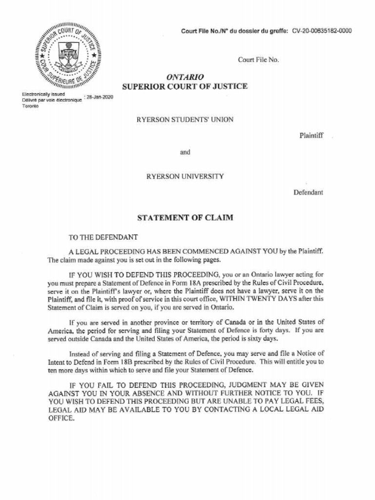 Ryerson Students' Union Jan. 28 Statement of Claim | PDF