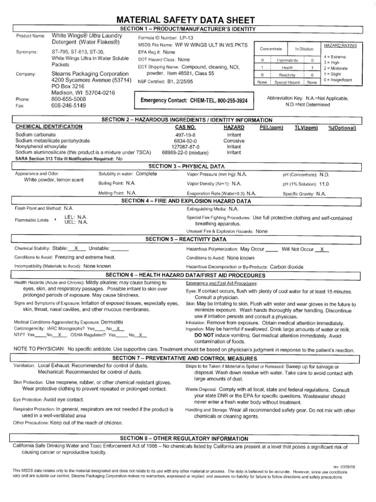 MSDS Wings Detergent PDF | PDF