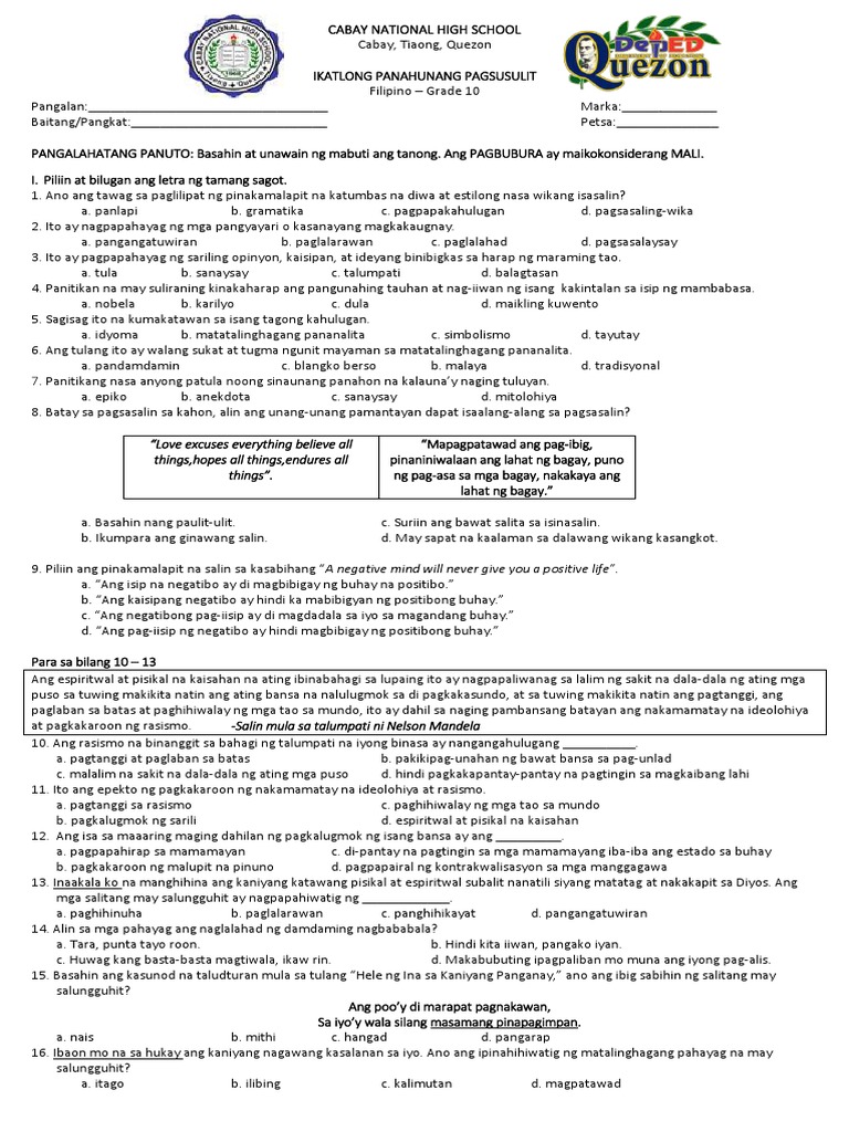 Third Quarter Exam Fil 10 | PDF