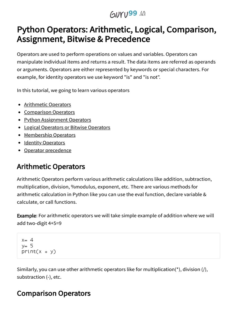 Python Operators Arithmetic Logical Comparison Assignment Bitwise And Precedence Pdf