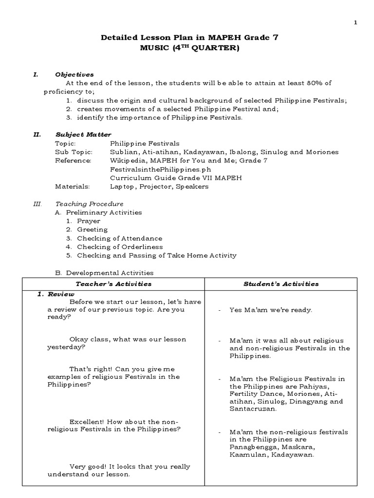 DETAILED LESSON PLAN MUSIC FESTIVAL.docx | Philippines | Free 30-day ...