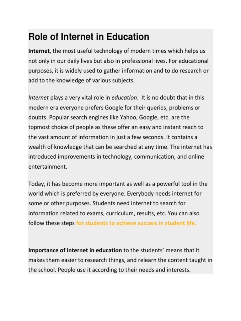 Role of Internet in Education | PDF | Web Search Engine | Internet