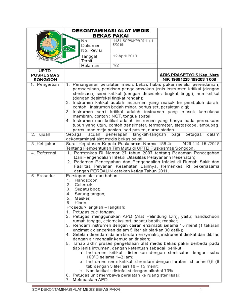 Sop Dekontaminasi Alat Medis | PDF