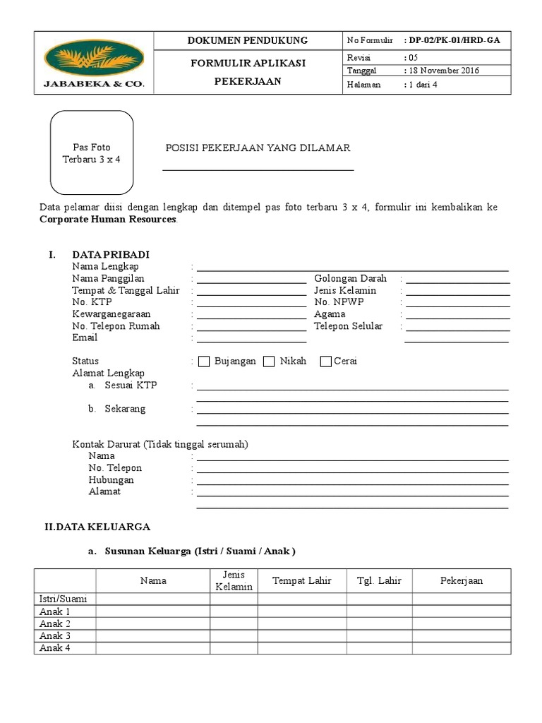 Form Aplikasi Pekerjaan - PT Jababeka TBK - Bahasa Indonesia | PDF