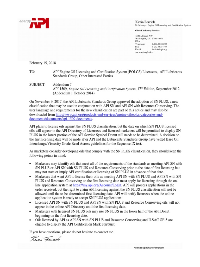 2018, API, API SN PLUS Requirements PDF | PDF | Motor Oil | Business