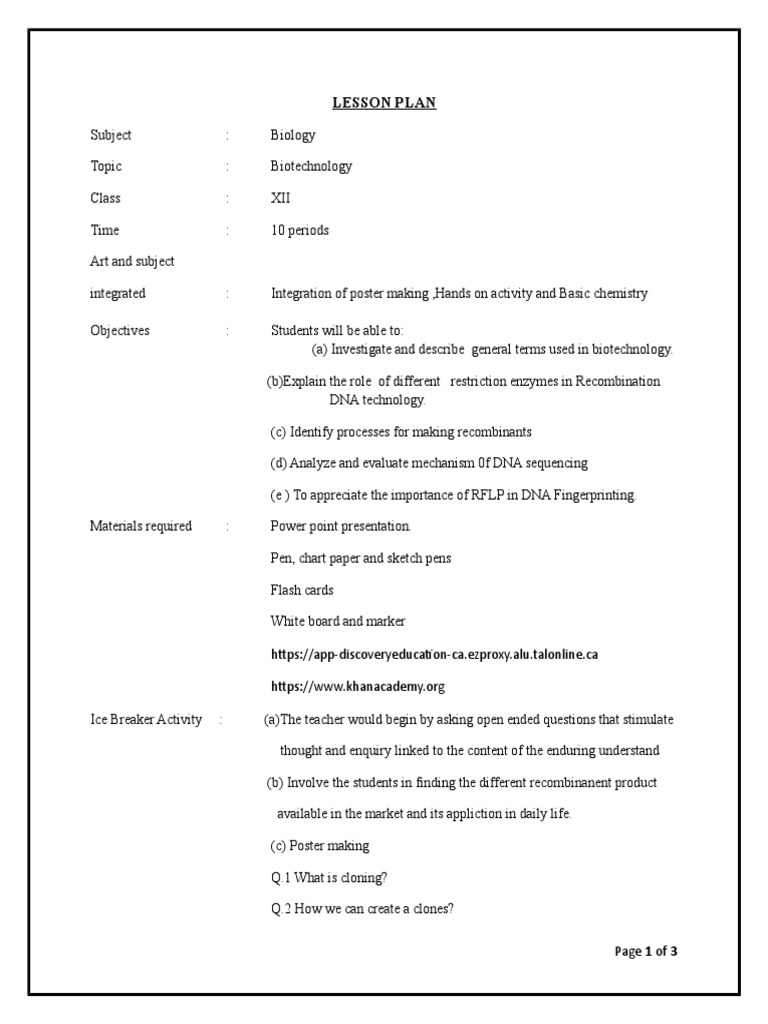 Class 12 Biotechnology Lesson Plan | PDF | Recombinant Dna | Polymerase ...