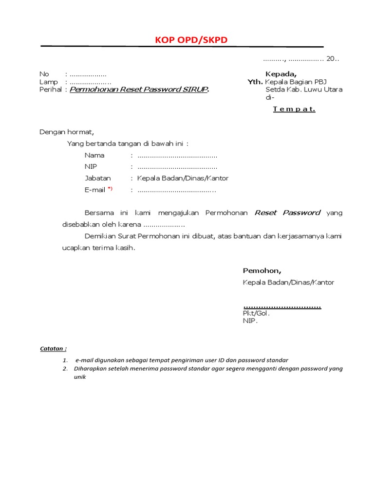 Form Reset Password SIRUP Tahun 2020 | PDF