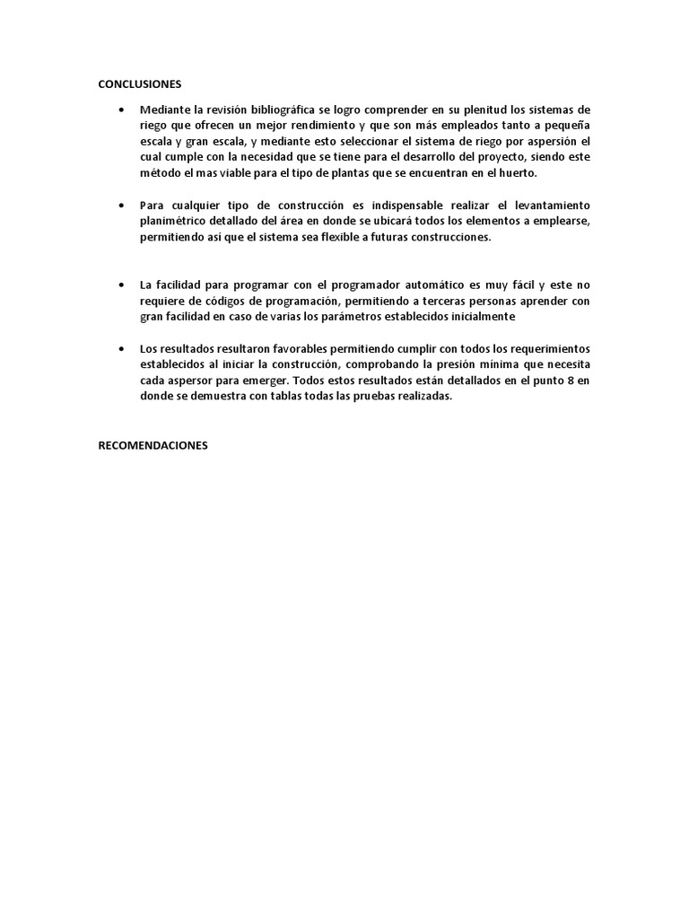 Key conclusions and recommendations for an irrigation system ...