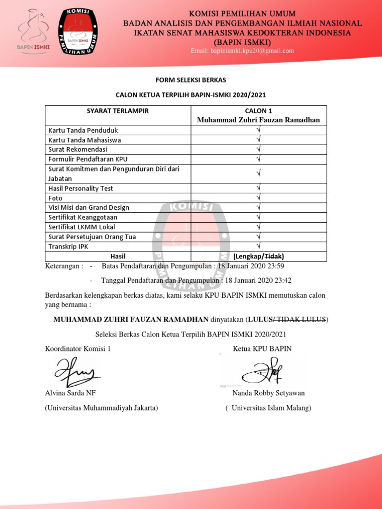 Verifikasi Berkas Calon Ketua Terpilih Bapin Ismki 2020-2021 | PDF
