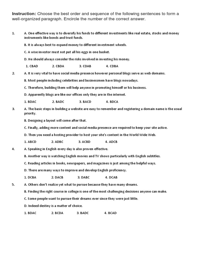 Paragraph Organization Quiz | PDF | Facebook | Investing