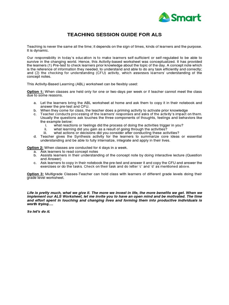 Teaching Guide For DLP LAS For ALS | PDF | Worksheet | Learning