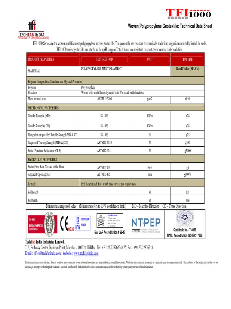 Woven Polypropylene Geotextile Technical Data Sheet | PDF | Materials ...