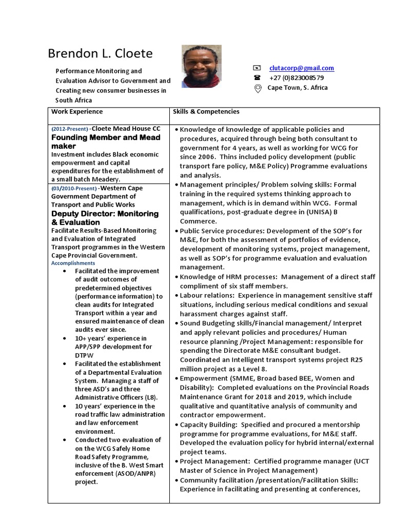 2020 01 19 Brendon Cloete CV | PDF | Program Evaluation | Evaluation