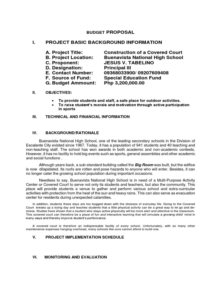 Budget Proposal For Covered Court | PDF | Cognition | Behavior Modification