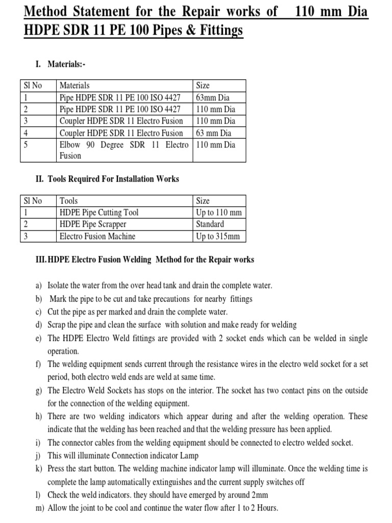 Method Statement HDPE PDF | PDF | Pipe (Fluid Conveyance) | Electrical ...