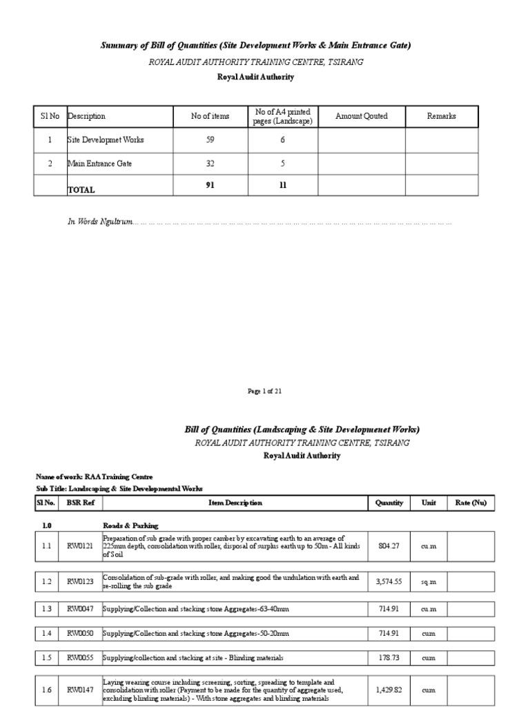 Landscaping Roads Parking Main Gate BoQ RAATC1 | PDF | Masonry ...