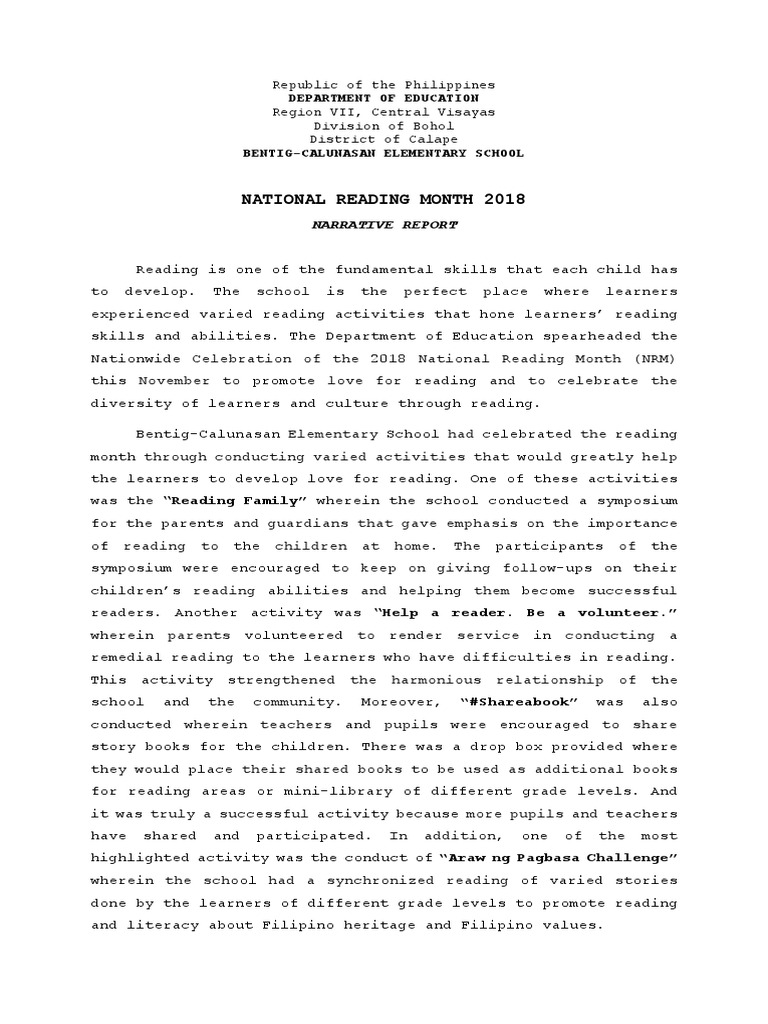 NARRATIVE REPORT ON 2018 NATIONAL READING MONTH-final | PDF | Reading ...