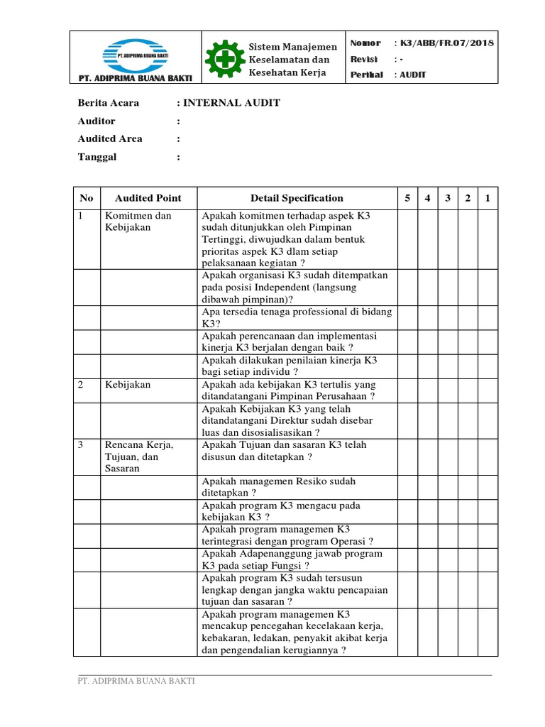Audit Internal K3 PT Adiprima 2018 | PDF