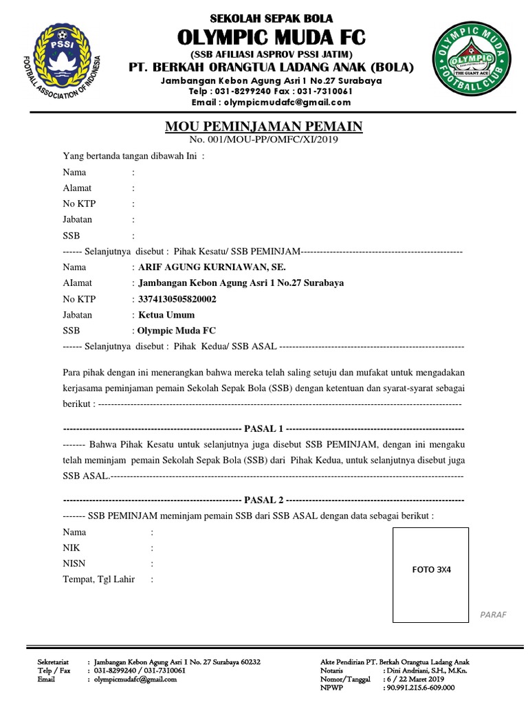 Mou Peminjaman Pemain SSB Olympic Muda FC | PDF